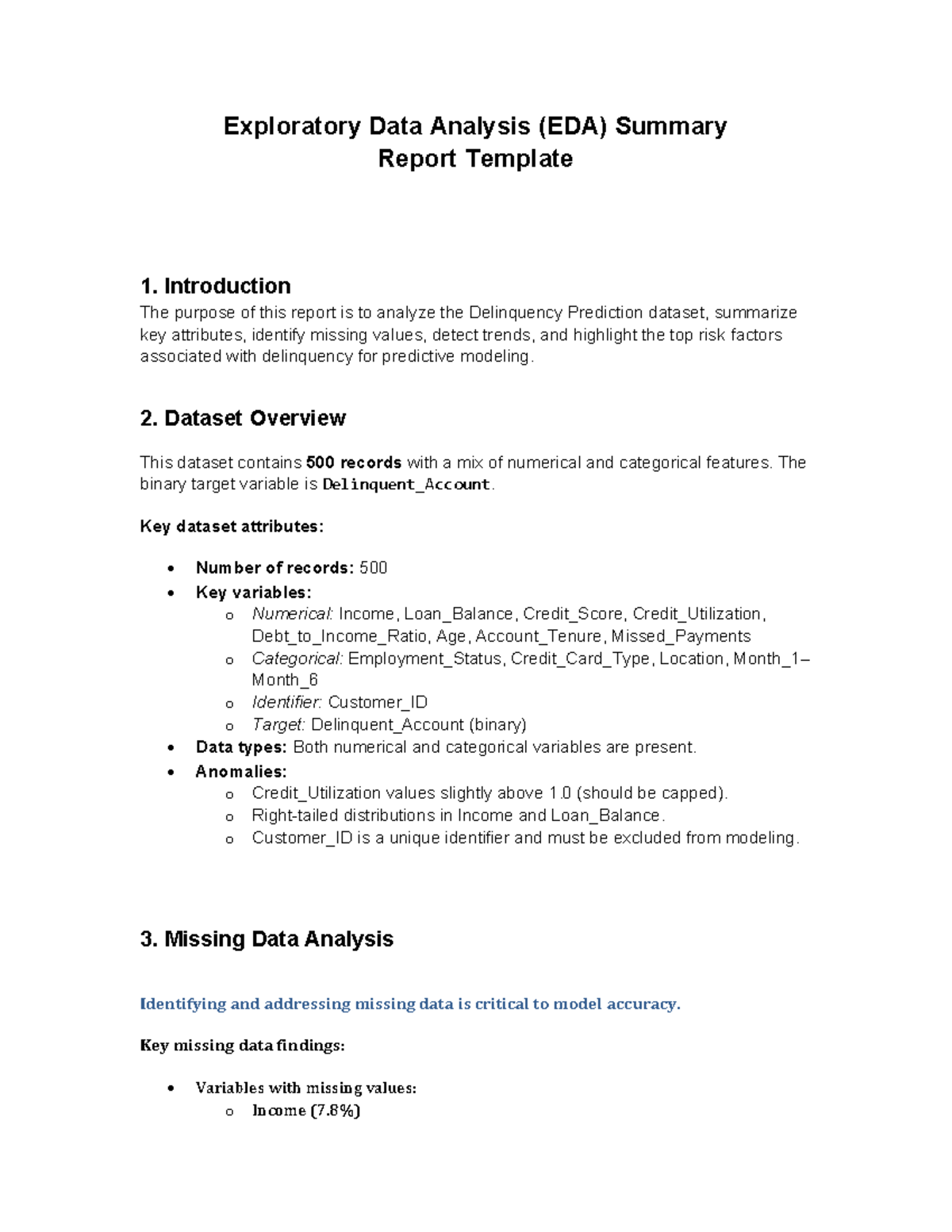 EDA Summary Report Template: Delinquency Prediction Analysis - Studocu