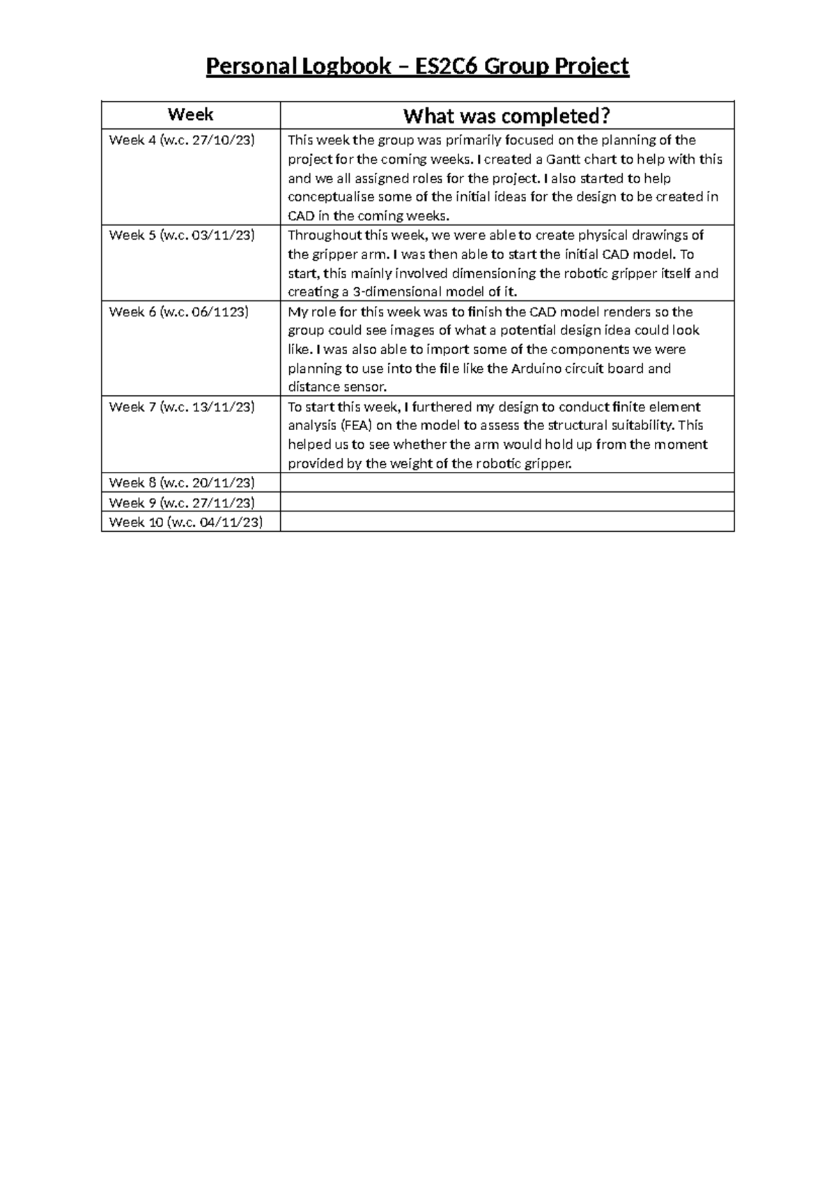 Personal Logbook for ES2C6 Group Project Progress (Weeks 4-10) - Studocu