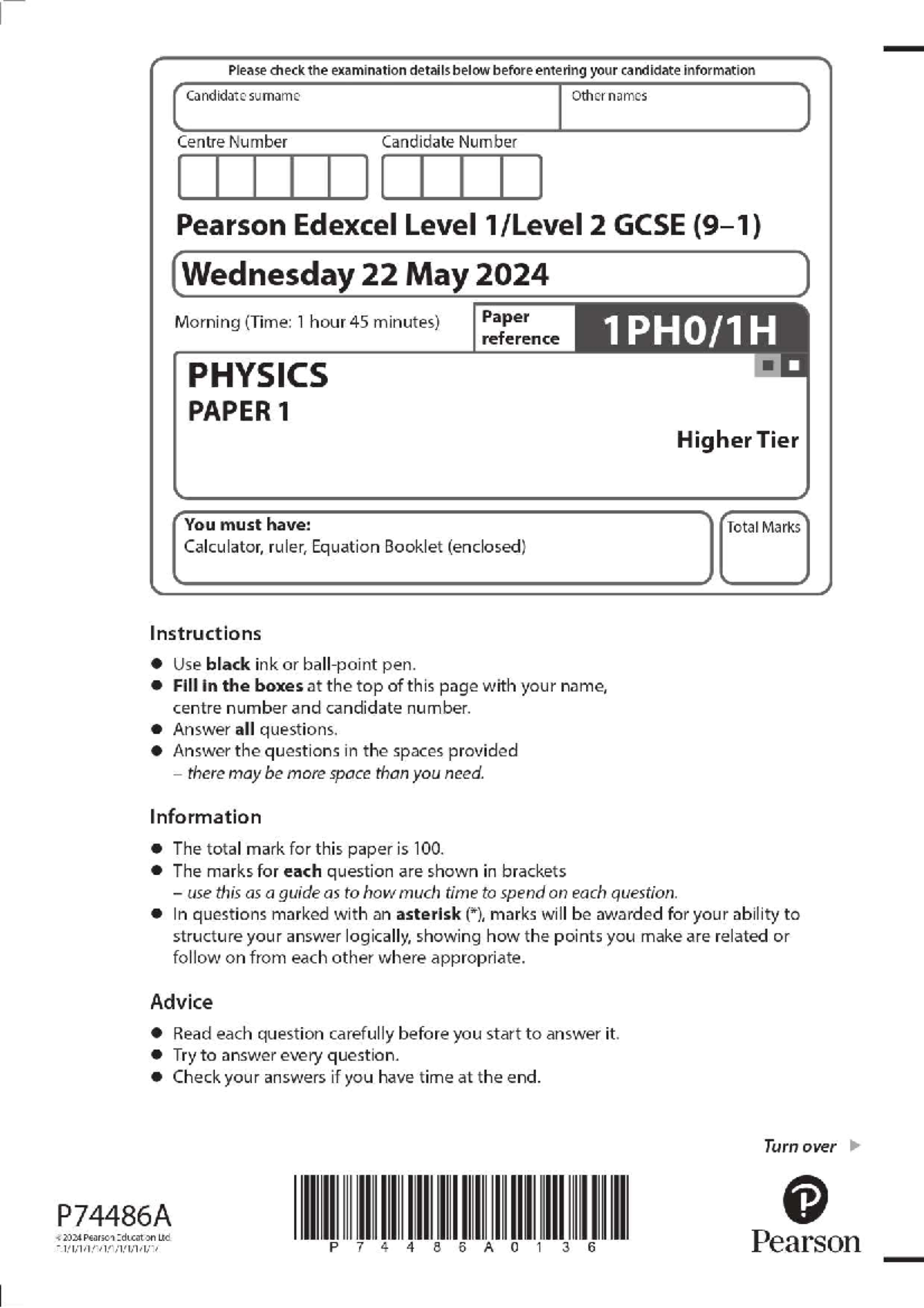 GCSE Edexcel May 2024 Higher Tier Physics Paper 1 Exam Details - Studocu