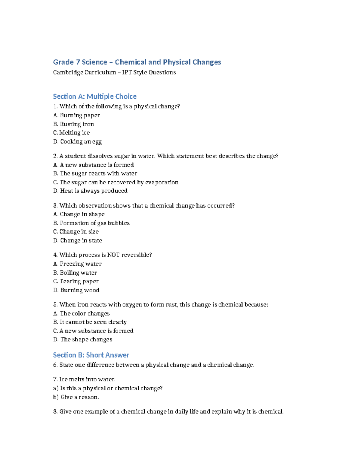 Grade 7 Science IPT: Chemical & Physical Changes MCQs & Short Answers ...