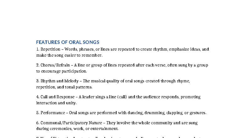 Features and Stylistic Devices in Oral Songs (MUS 101) - Studocu