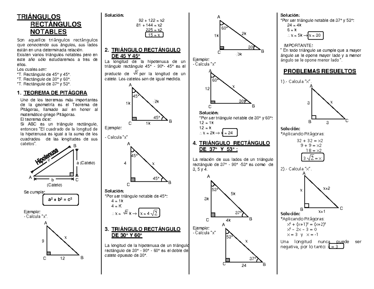 Hoja De Trabajo De Triángulos Rectángulos Especiales