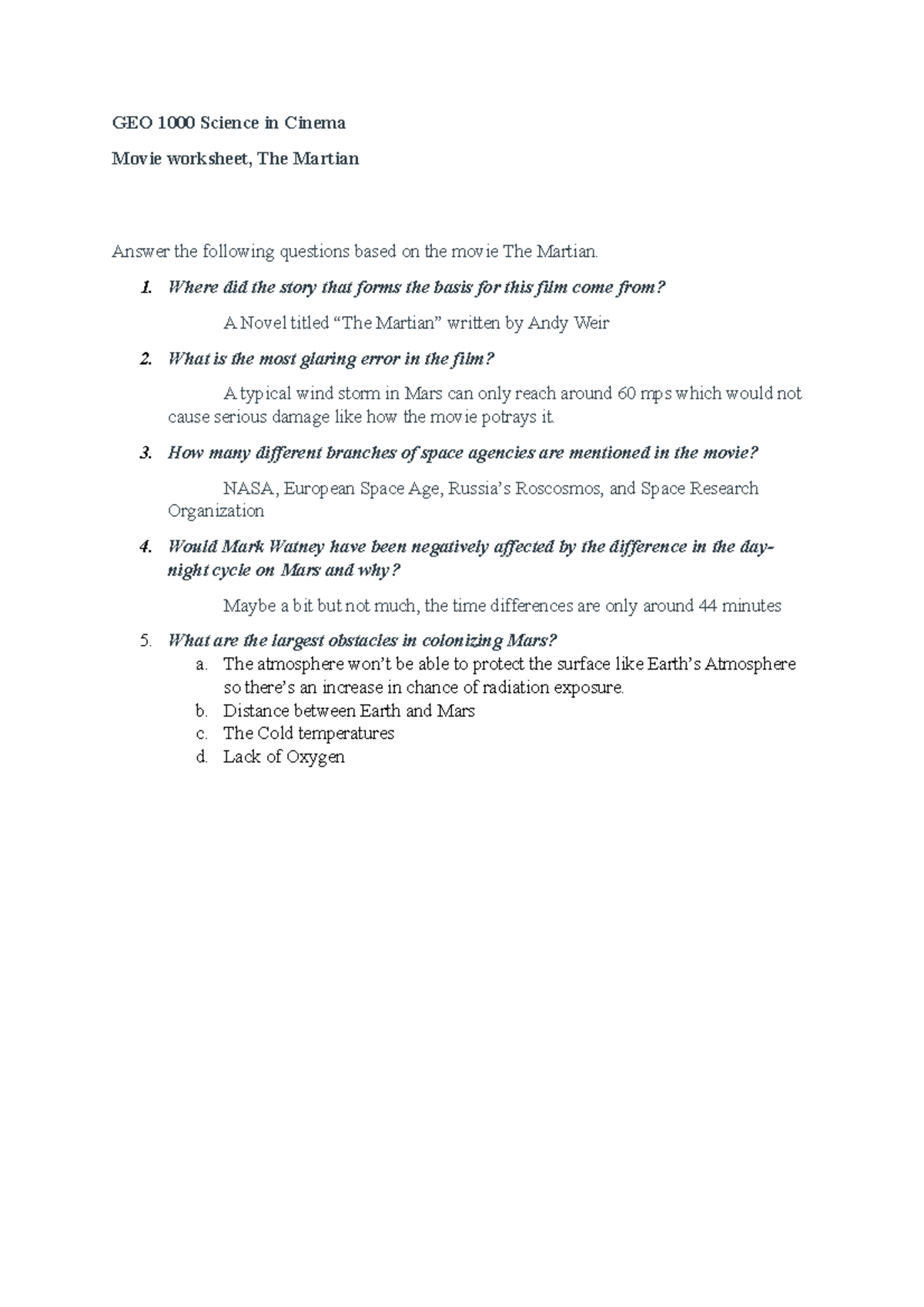 GEO 1000 Movie Worksheet: Analysis of The Martian Film - Studocu