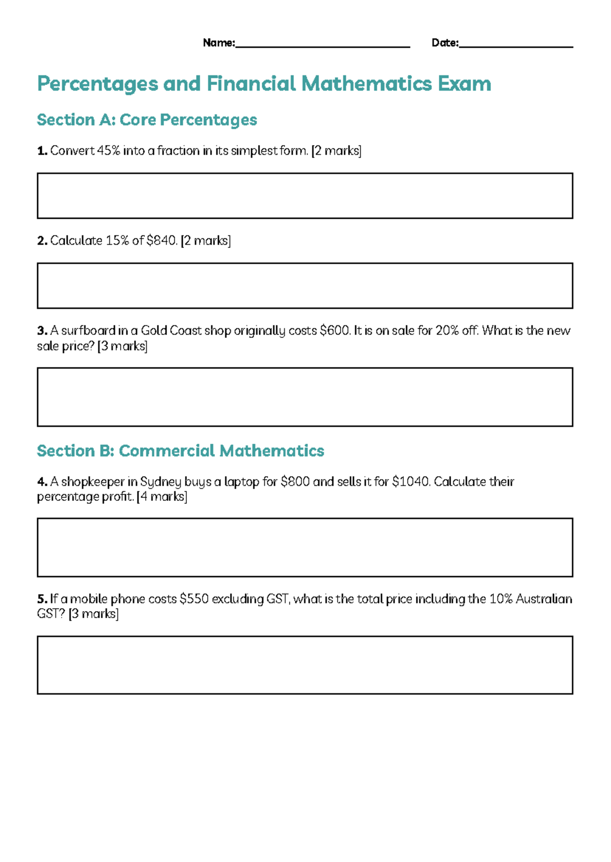 Percentages and Financial Mathematics Exam (AUS) - Studocu