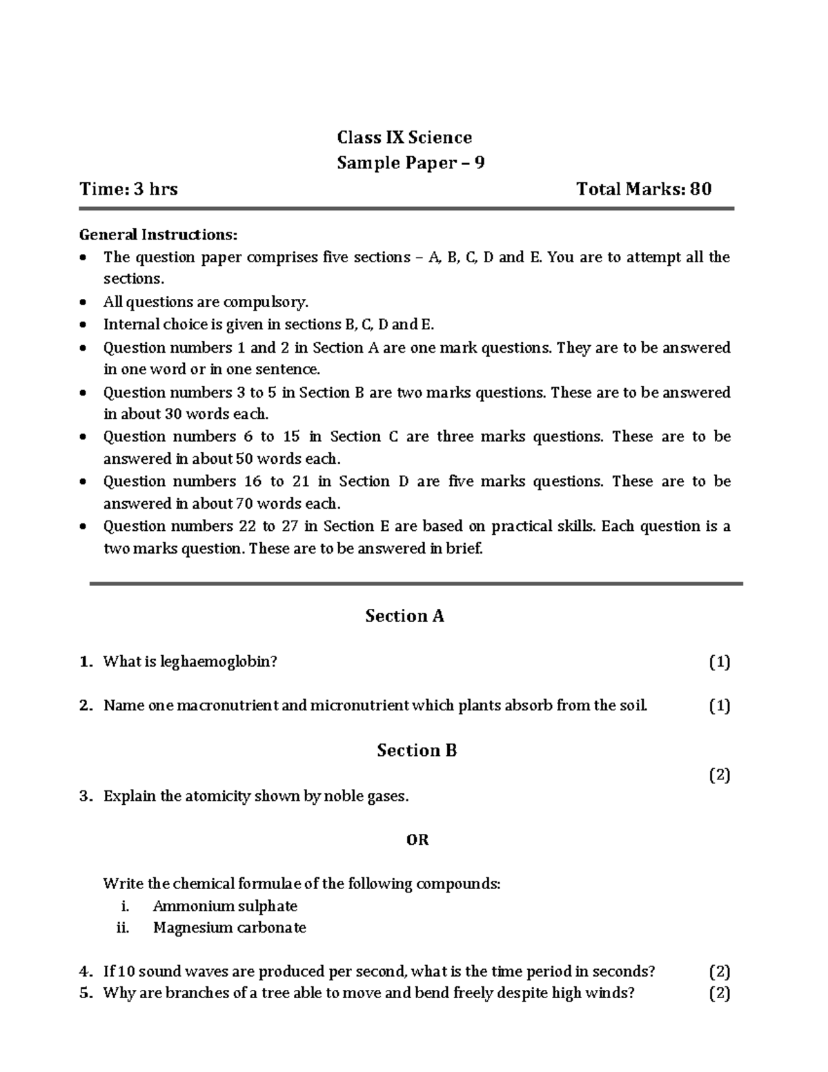 Class IX Science Sample Paper – 9 with Answers and Solutions - Studocu