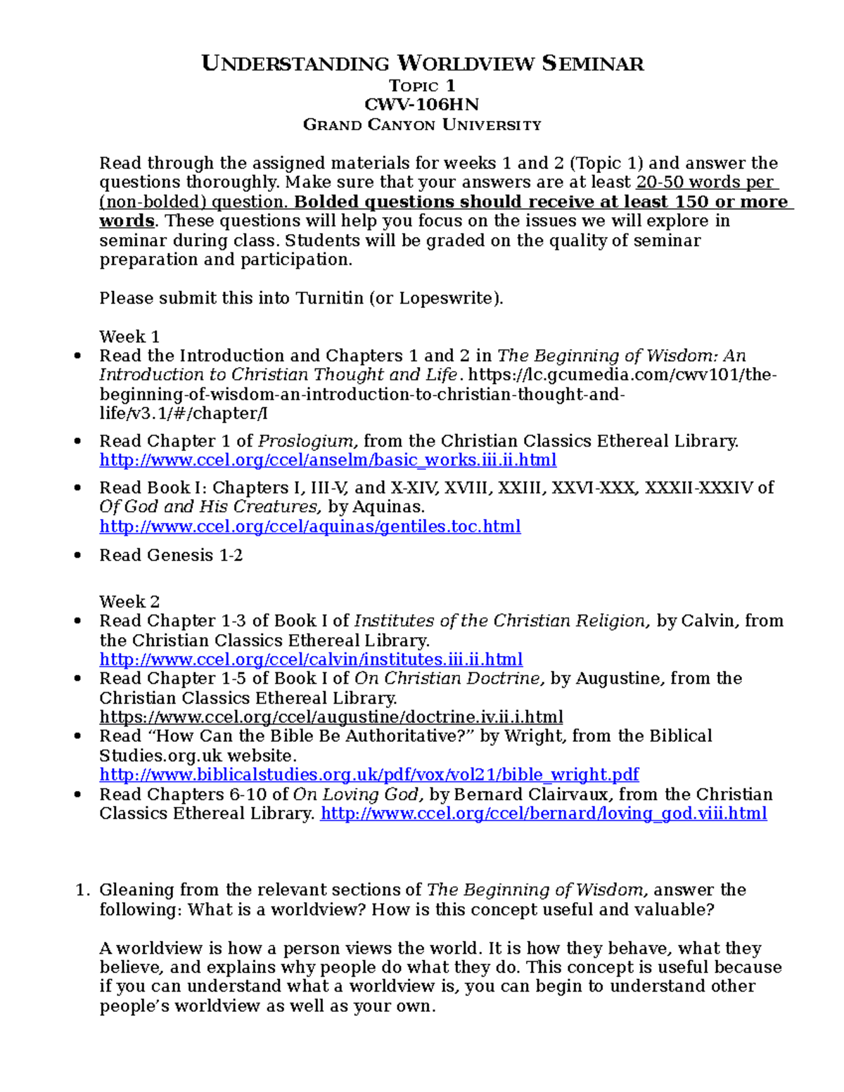 1 Understanding Worldview Seminar - UNDERSTANDING WORLDVIEW SEMINAR ...