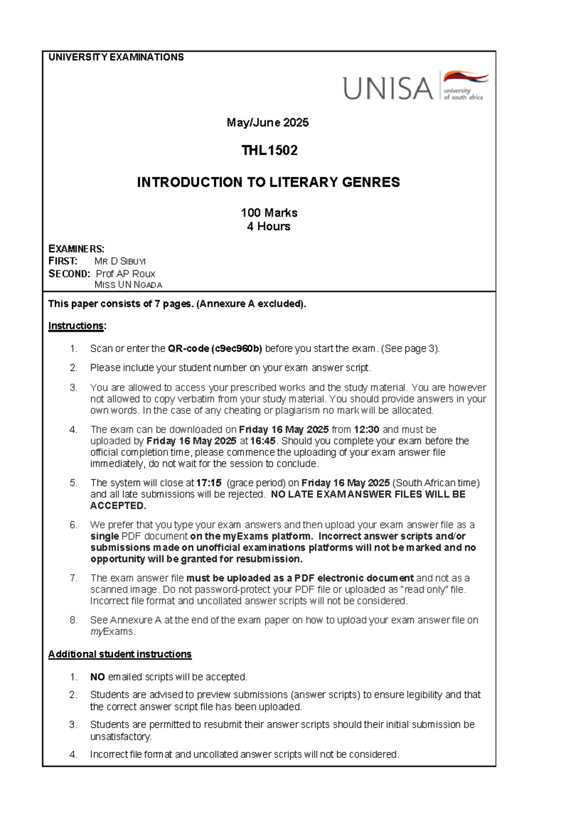 THL1502 Final Exam Guidelines and Poetry Analysis - May 2025 - Studocu