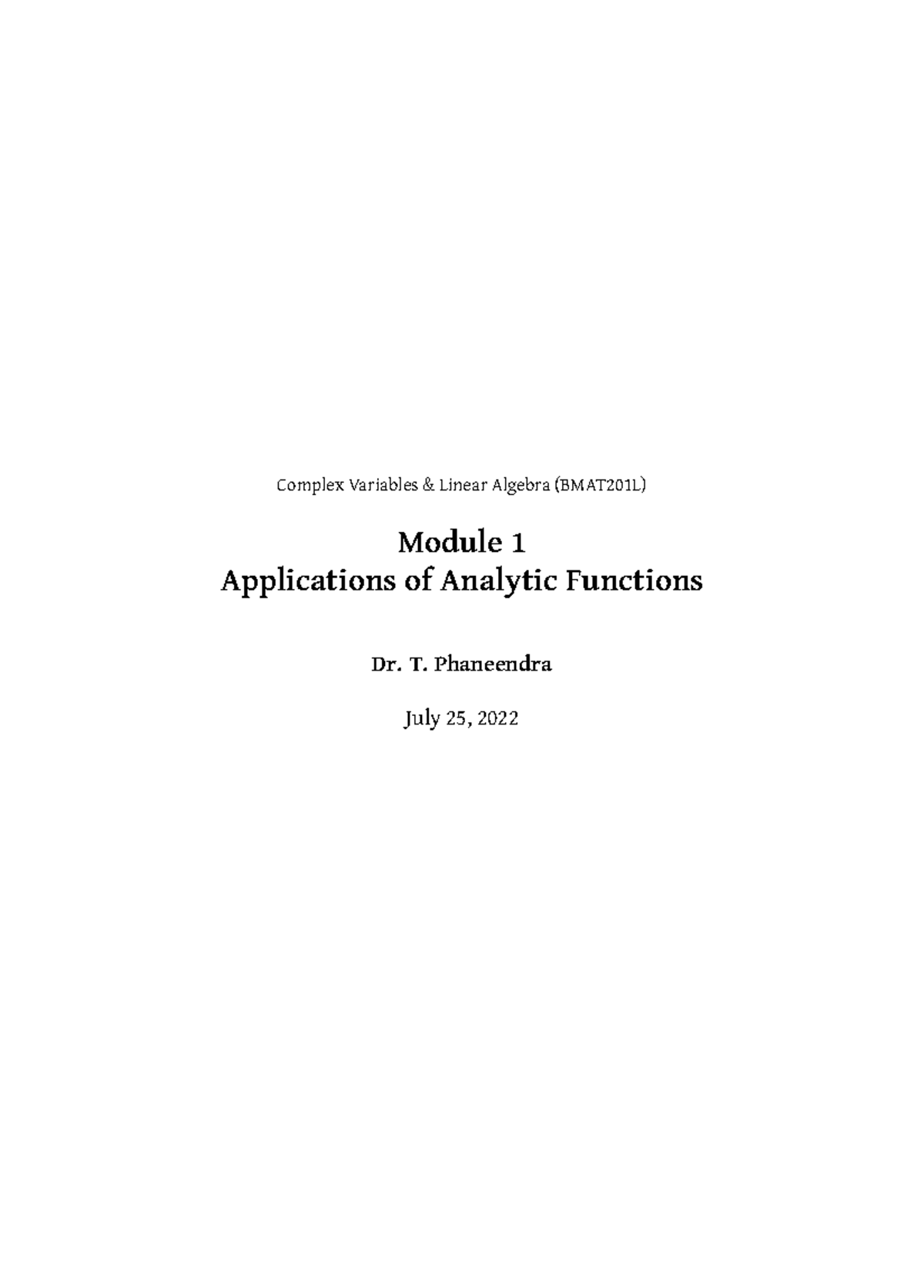 Applications of Analytic Functions in Complex Variables (BMAT201L ...