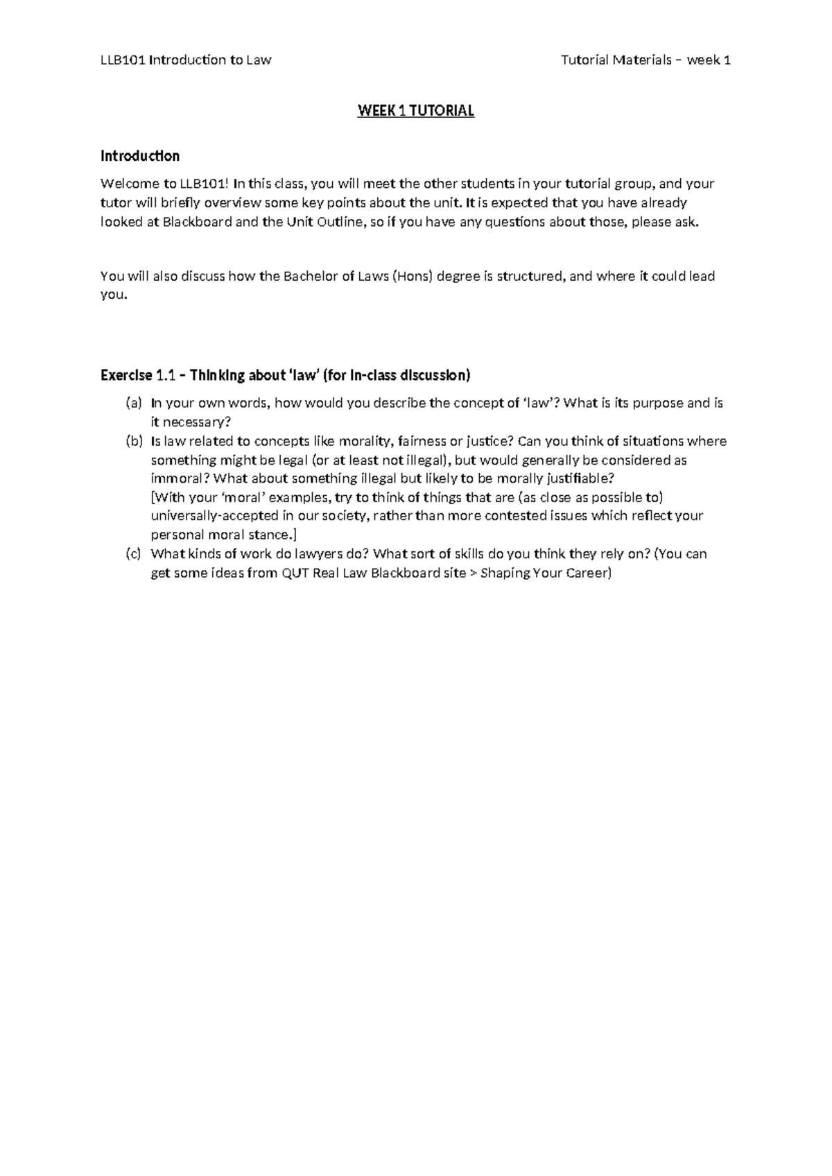 WEEK 1 Tutorial - LLB101 Introduction to Law Tutorial Materials – week ...