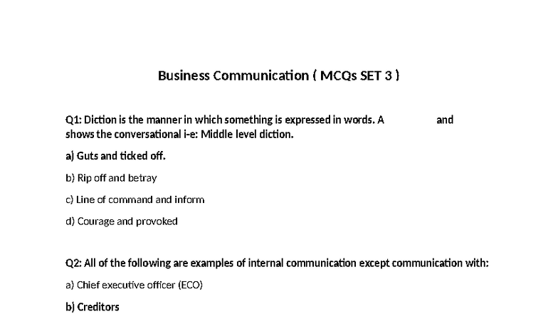B.COMM MCQs SET 3 - Business Communication Exam Questions - Studocu