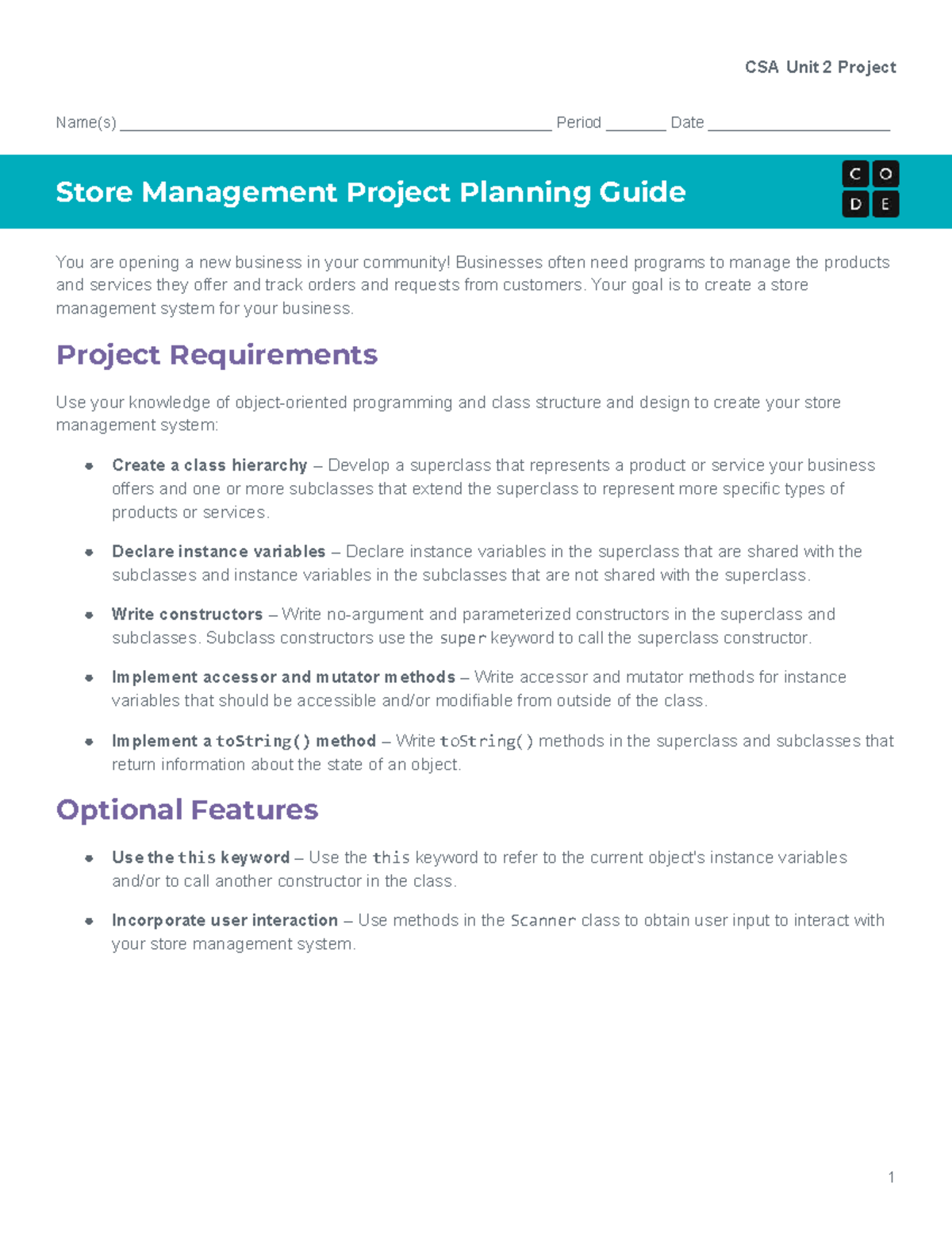 CSA Unit 2 Project - Store Management System Planning Guide - Studocu