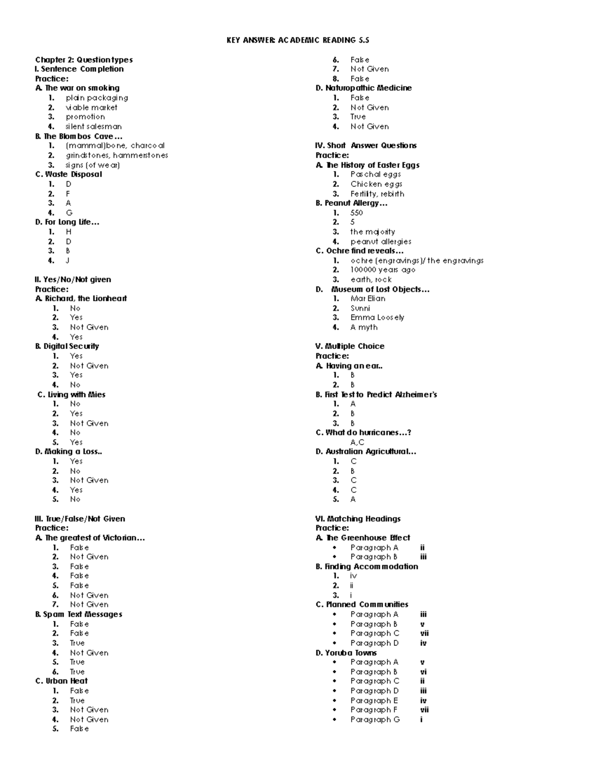 KEY ANSWER: ACADEMIC READING 5.5 Chapter 2 Practice Questions - Studocu