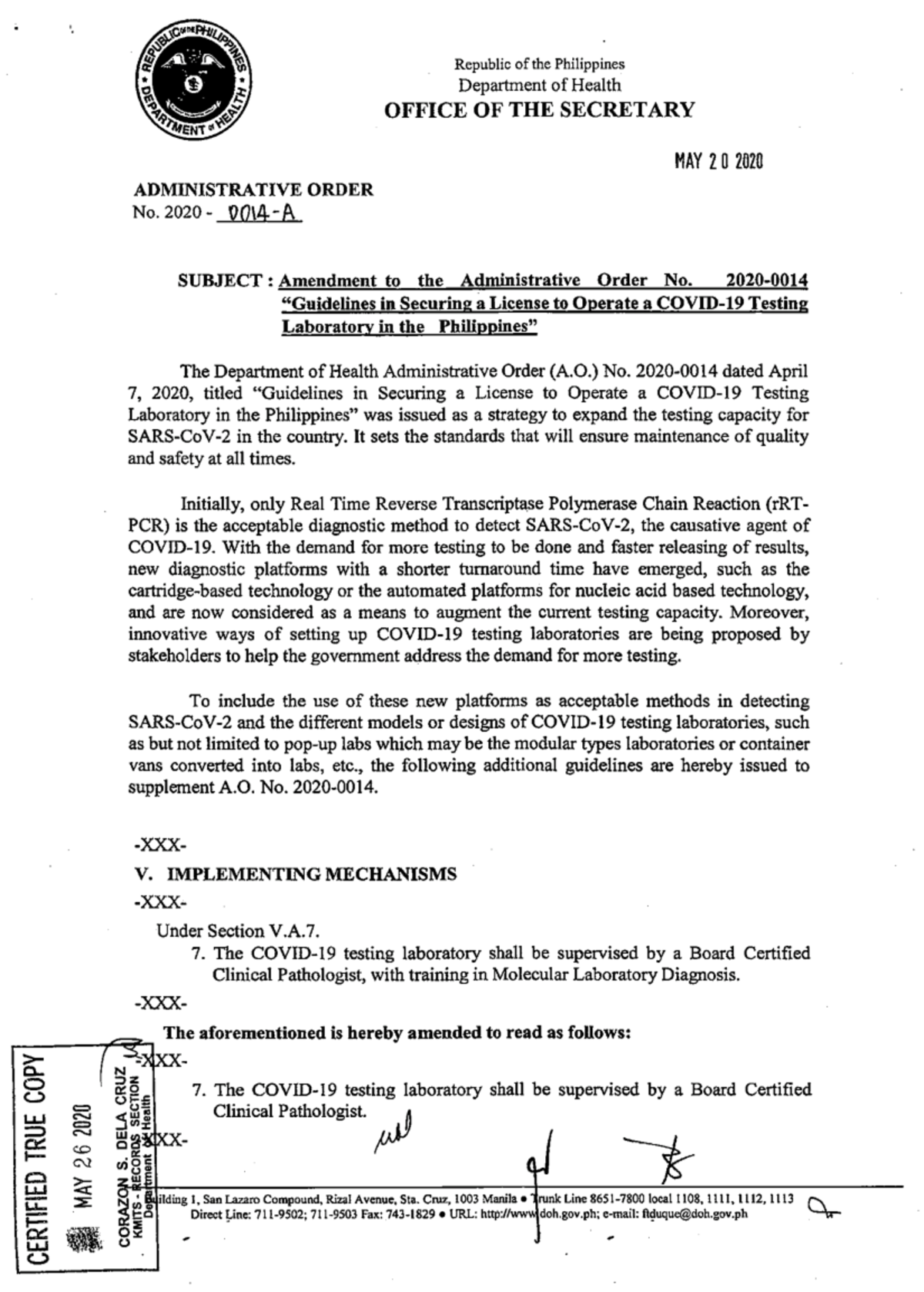 DOH-AO No. 2020-0014-A: Amendments for Testing Laboratory Licensing ...