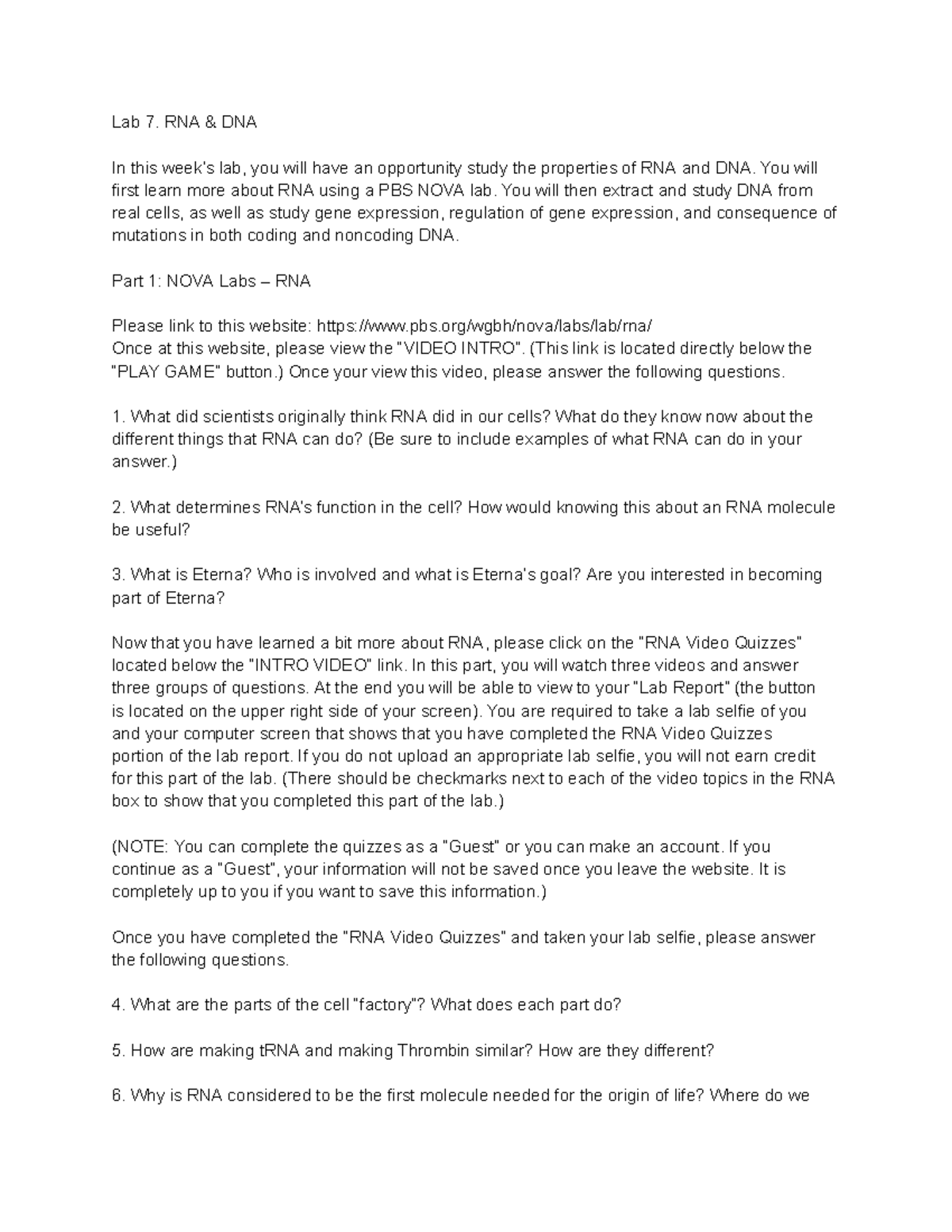 Lab 7: Exploring RNA & DNA Properties and Gene Expression Techniques ...