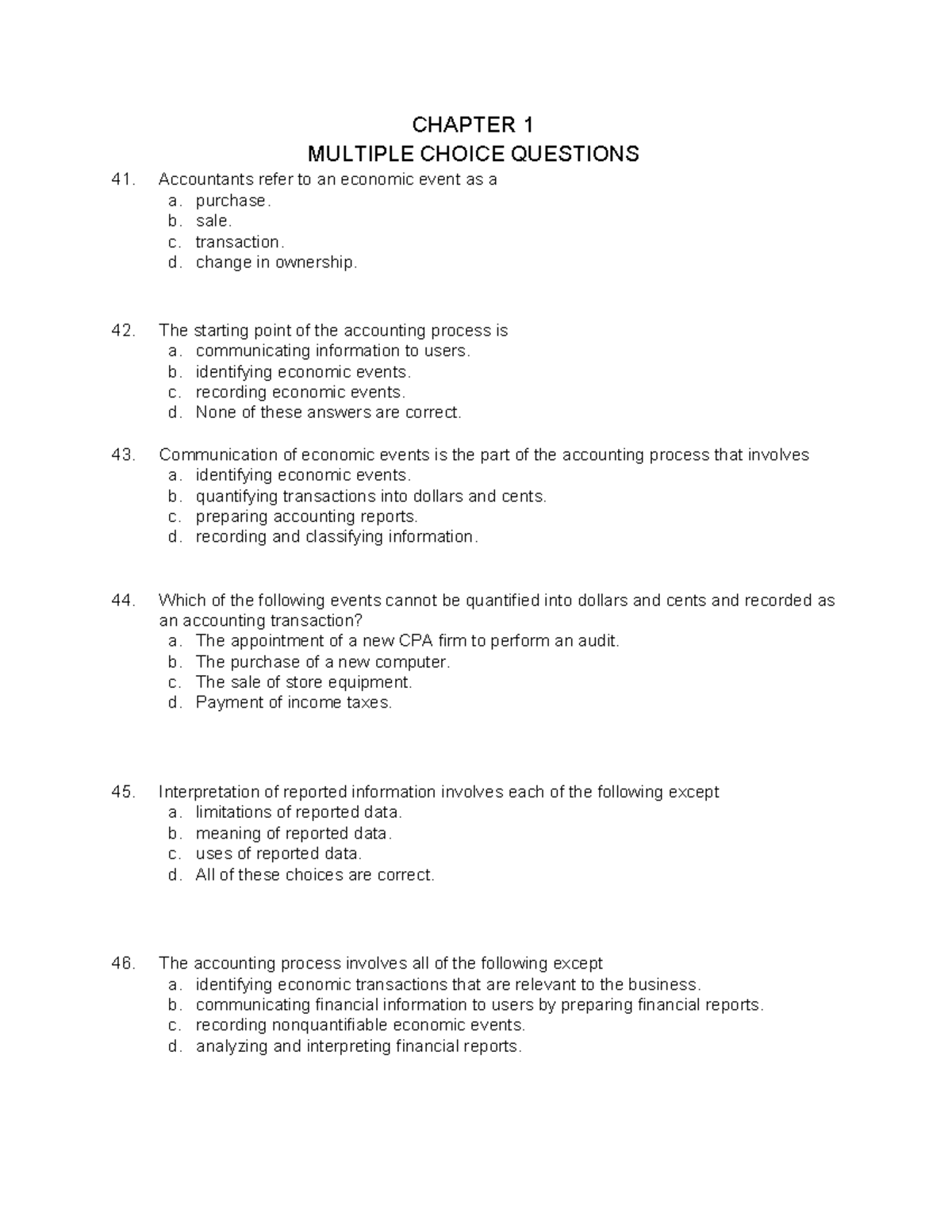 CHAPTER 1: ACCOUNTING MULTIPLE CHOICE QUESTIONS FOR PRACTICE - Studocu