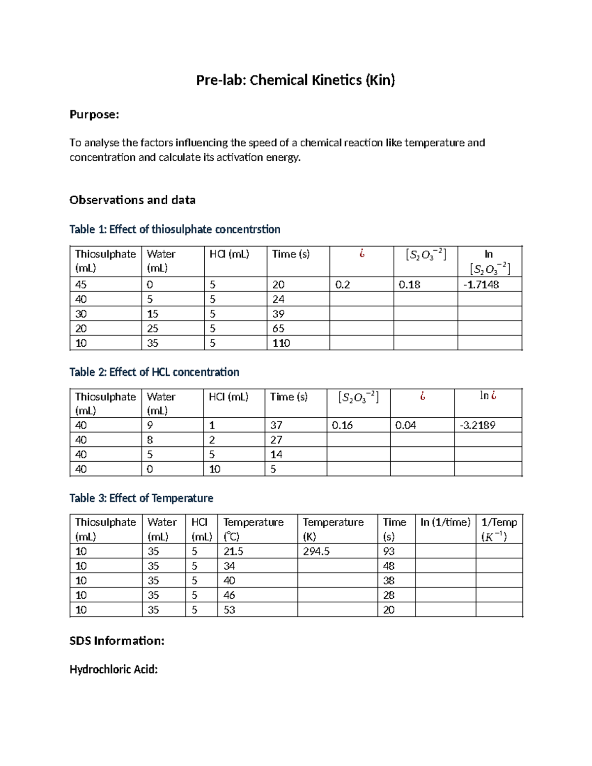 Chem Kinetics Pre-Lab Analysis: Factors Affecting Reaction Speed - Studocu