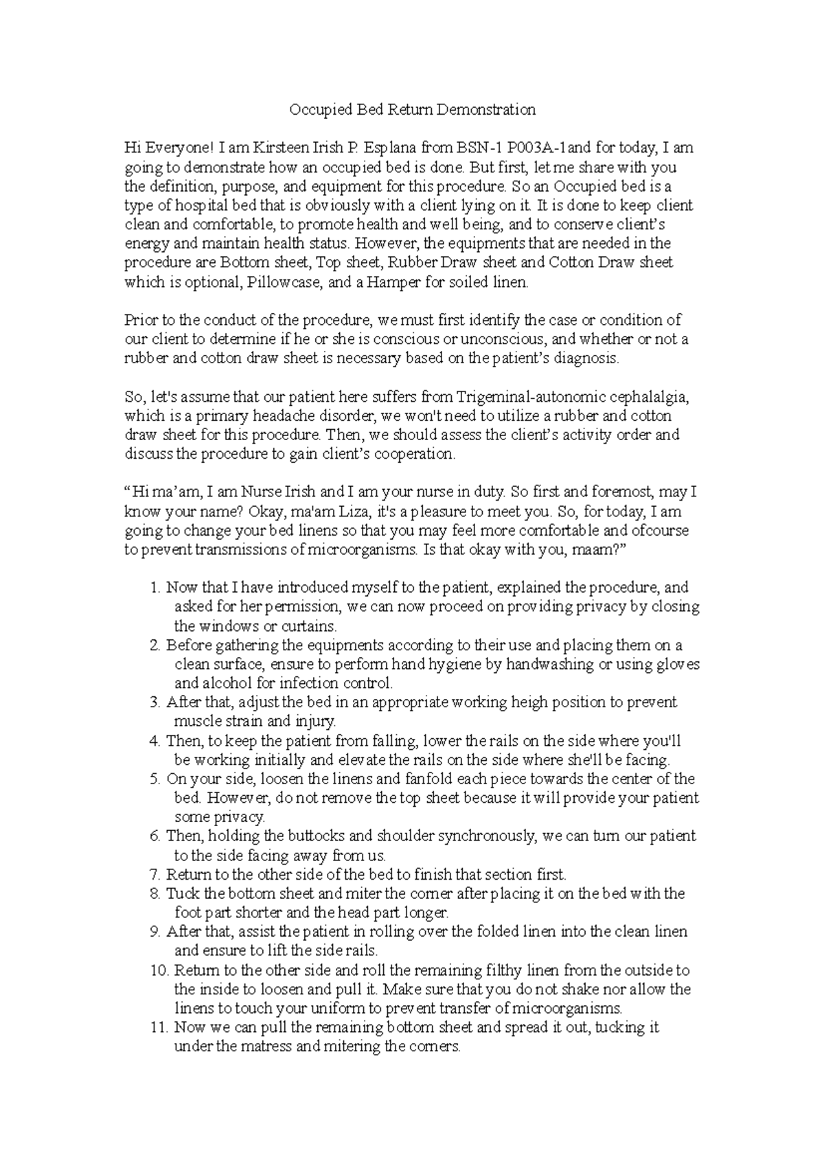 Occupied Bed Procedure Demo - BSN-1 P003A-1 - Studocu