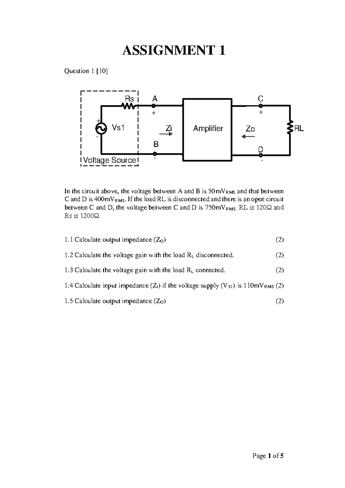 ELC211B Study PACK Assignment 1 - ASSIGNMENT 1 Question 1 [10] RL Rs ...