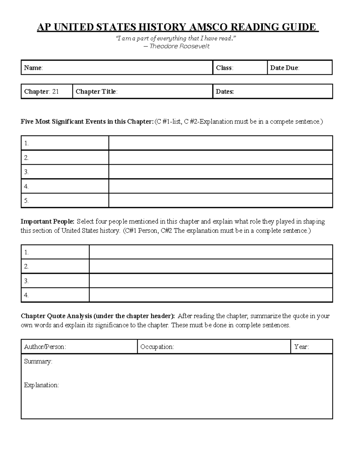 AP US History AMSCO Reading Guide: Chapter 21 - Theodore Roosevelt ...