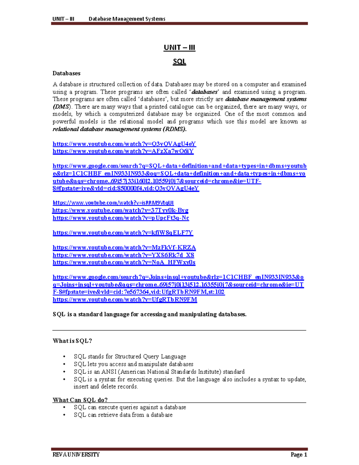 UNIT 3 - Database Management Systems: SQL Fundamentals and Operations - Studocu