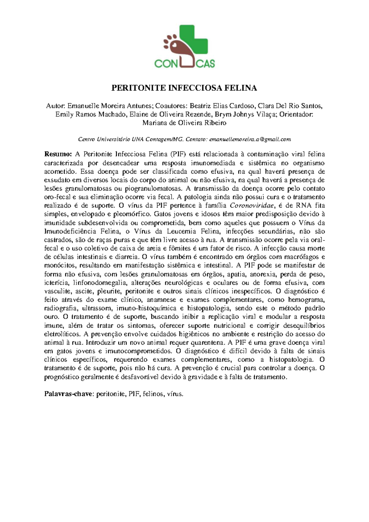 Resumo da Peritonite Infecciosa Felina (PIF) - Emanuelle Moreira - Studocu