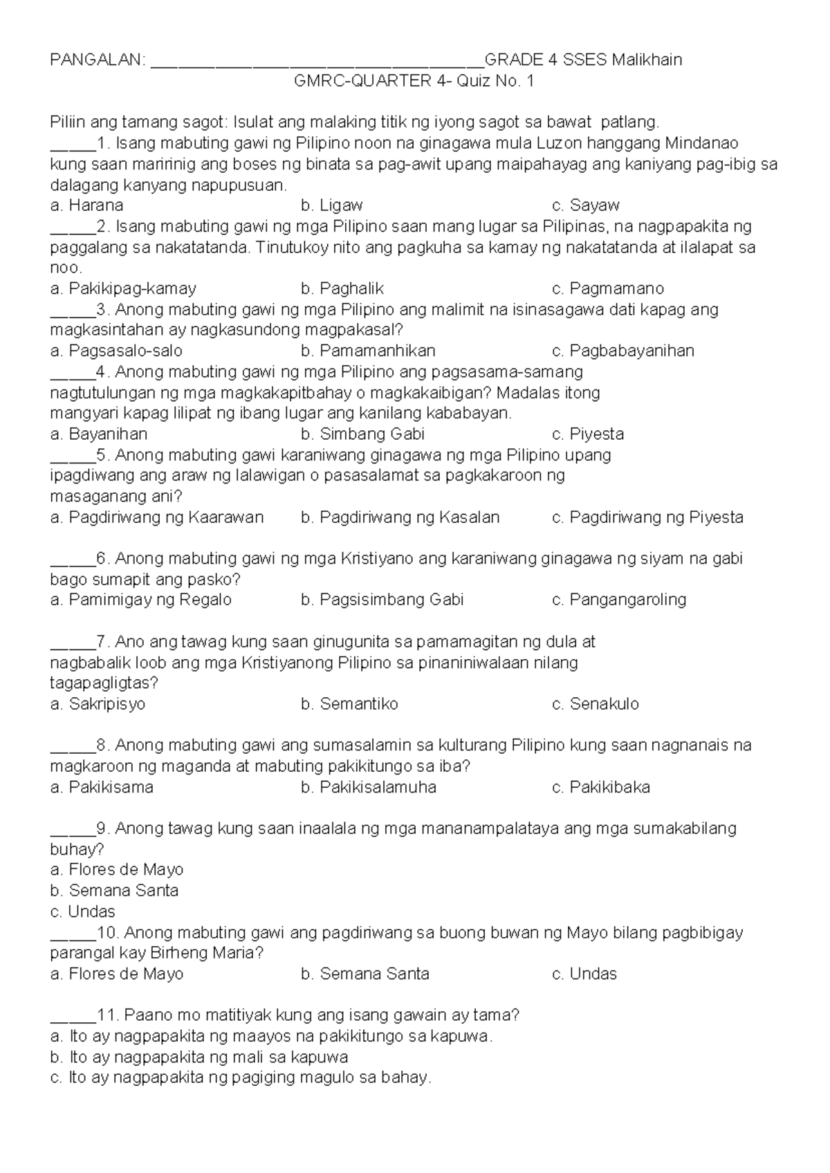 GMRC 4 Q4 Quiz 1 - Pagsusulit sa Matatag na Katuruan ng Grade 4 - Studocu