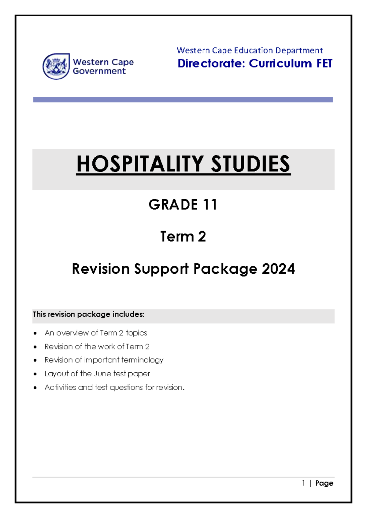 Hospitality Studies Grade 11 Term 2 Revision Support Package 2024 - Studocu