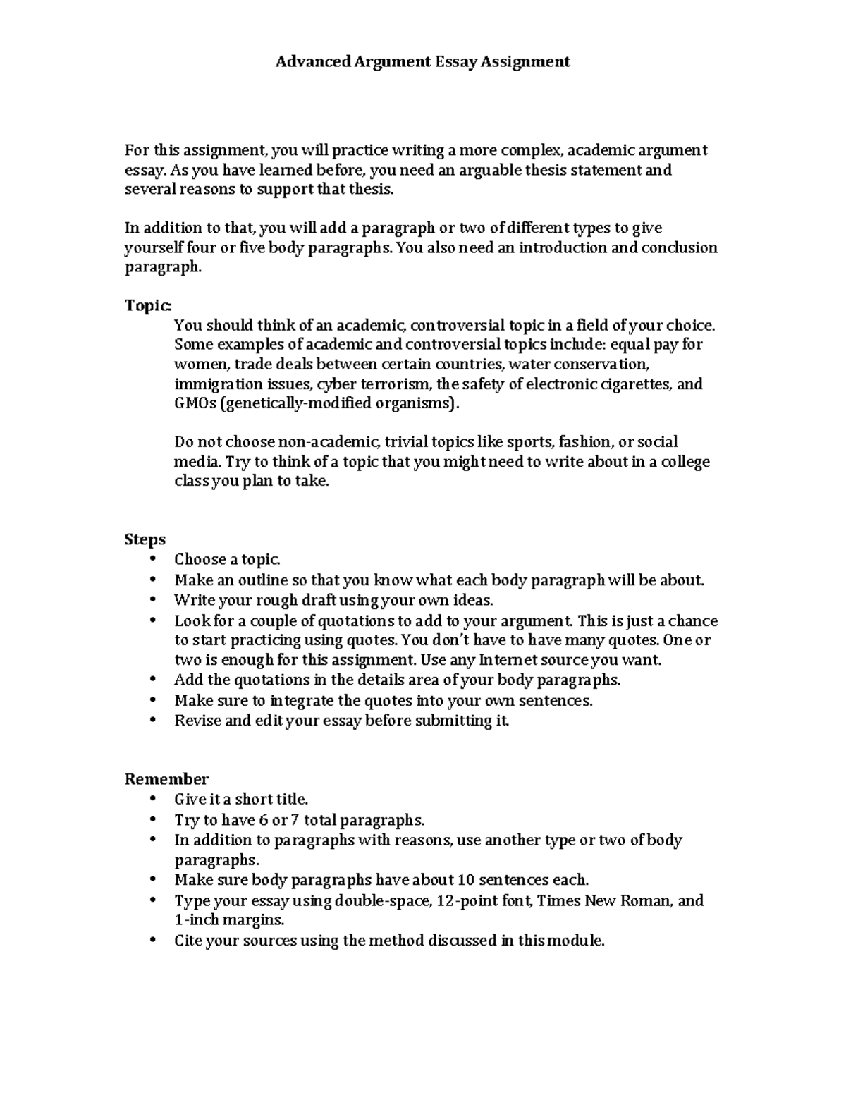 ENG 101: Advanced Argument Essay Assignment Guidelines - Studocu