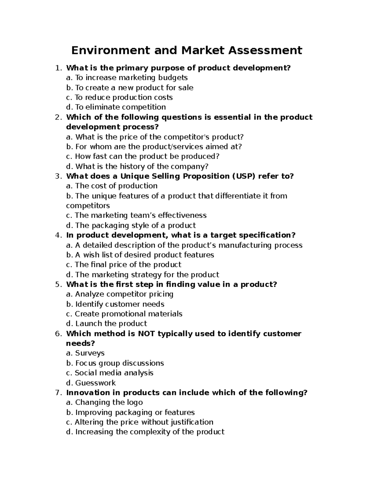 Quiz Environment and Market Assessment - Environment and Market ...