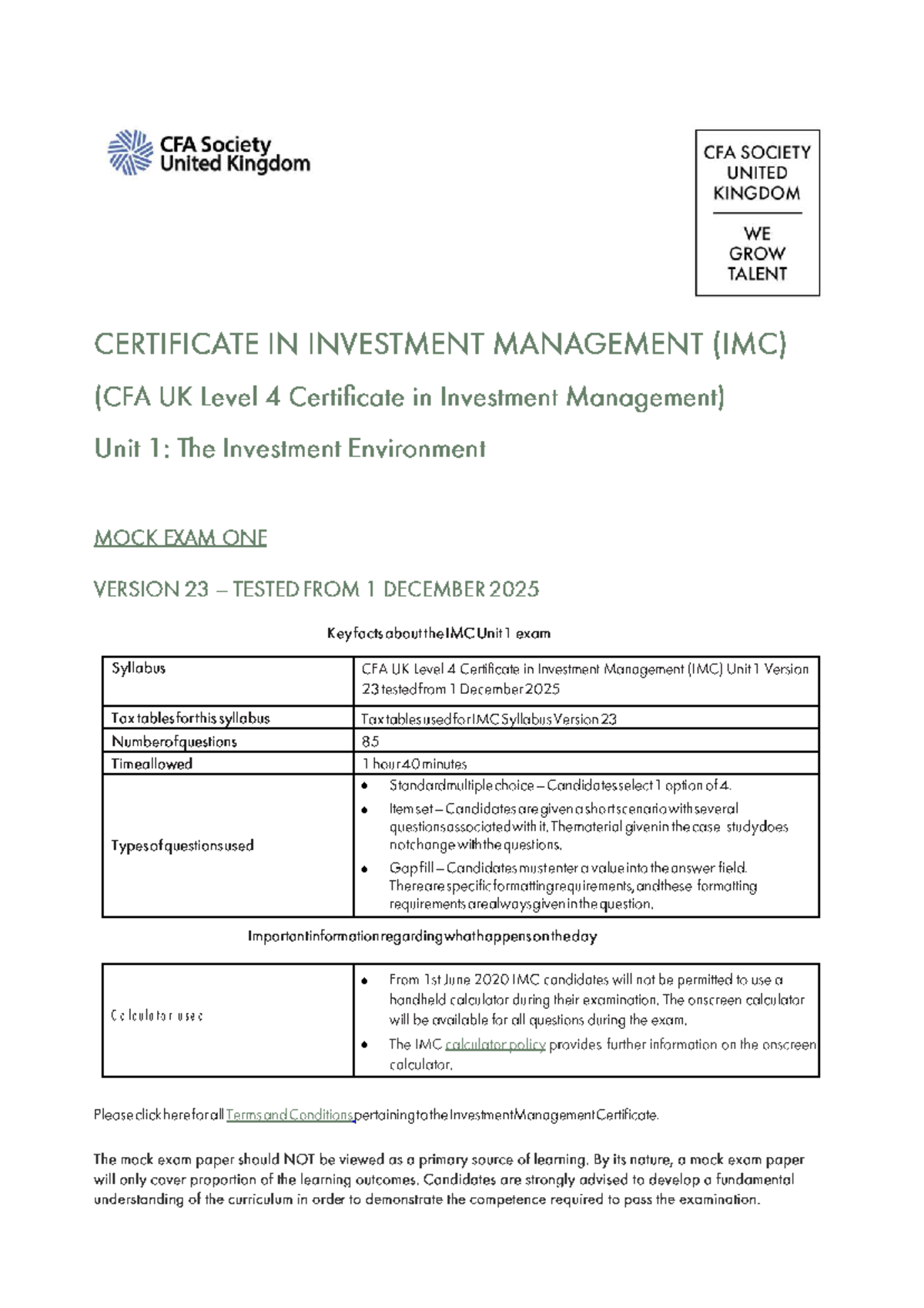 IMC Level 4 Certificate in Investment Management Unit 1 Mock Exam V23 ...