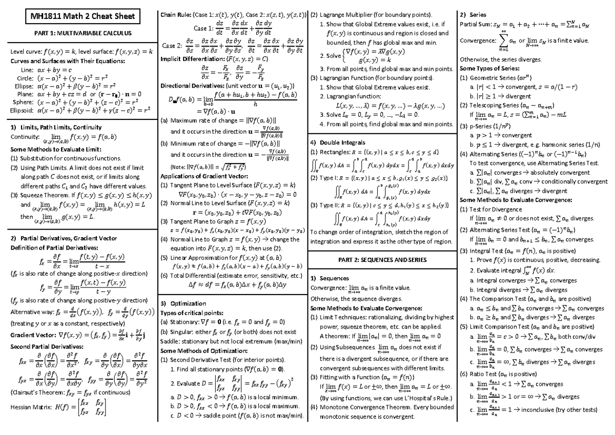 MH1811 Math 2 Finals Cheat Sheet - Multivariable Calculus & More - Studocu