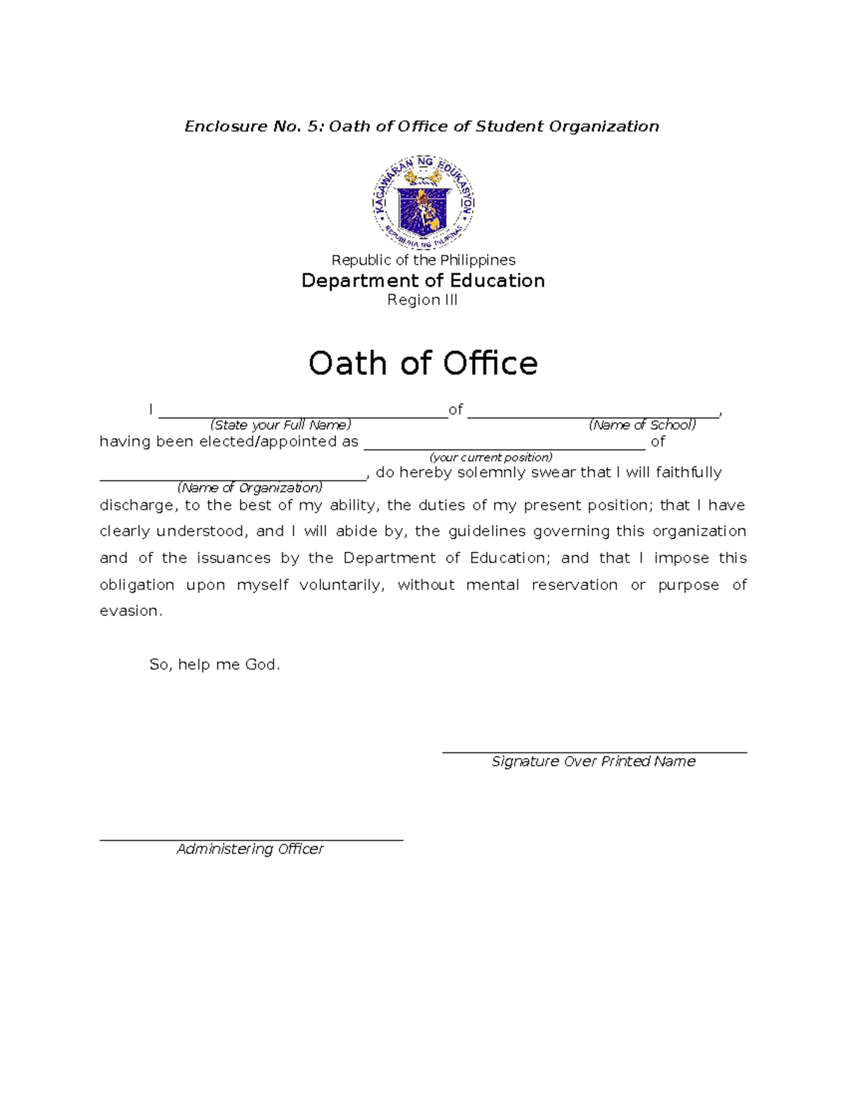 Oath of Office for Student Organization - DepEd Region - Studocu