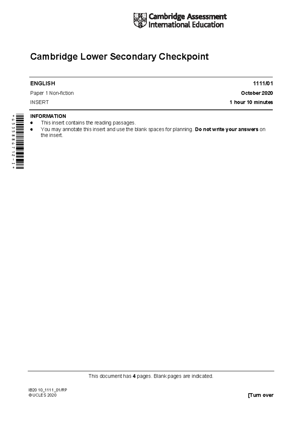 Cambridge Lower Secondary Checkpoint ENGLISH Paper 1 Insert - Oct 2020 ...