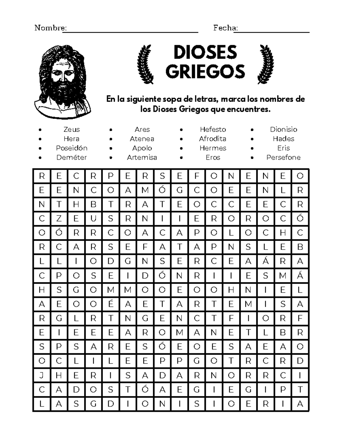 Hoja de Trabajo Sopa de Letras Dioses Griegos Simple Gris - R E C R P E ...