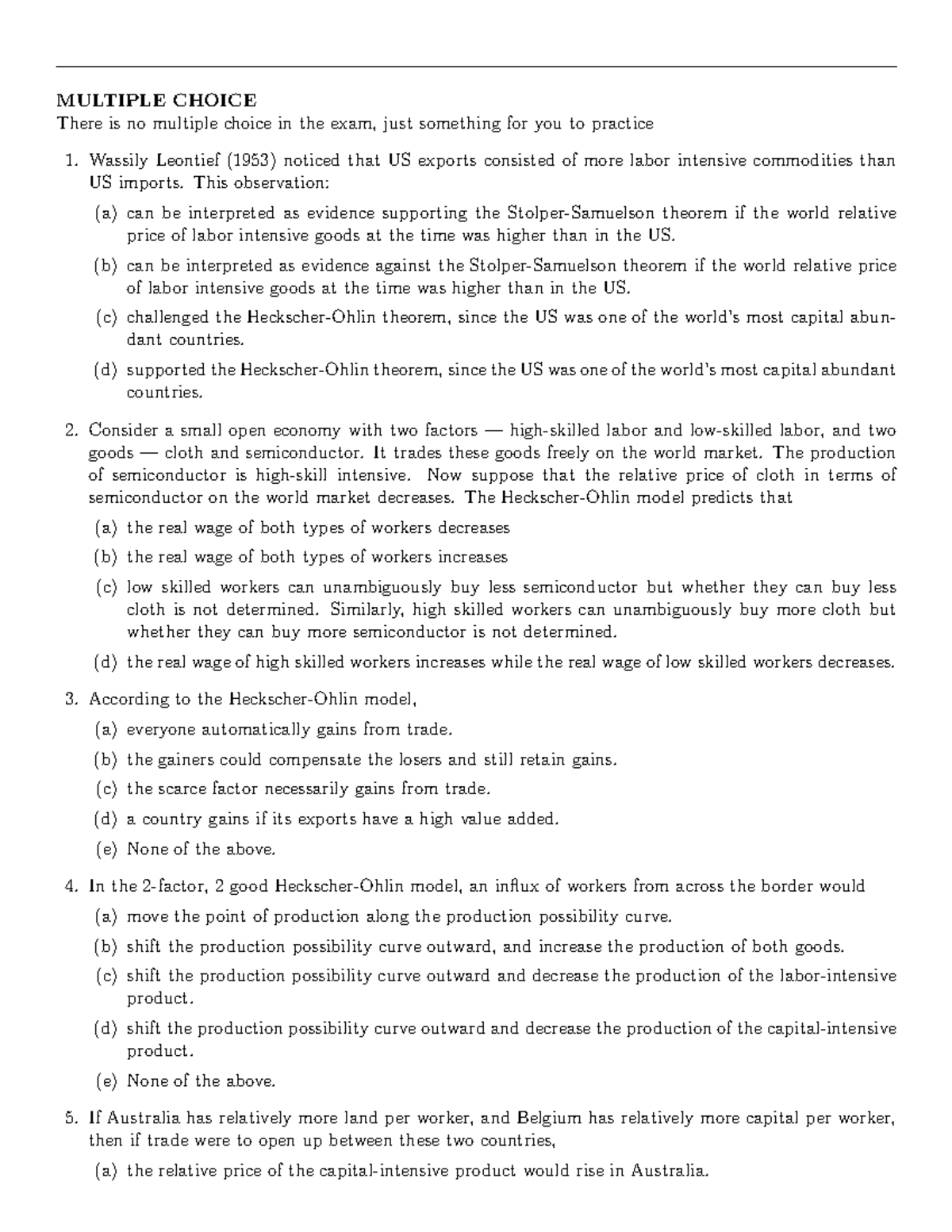 Practice MID - Exercises on Trade Models and Theorems - Studocu