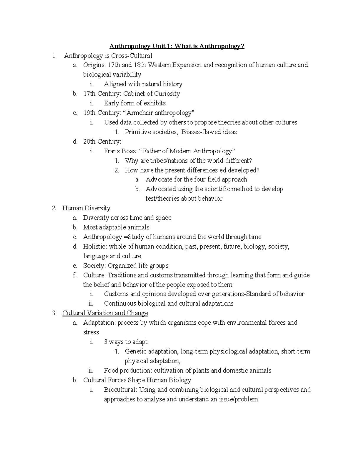 Anthropology 101- Unit 1 notes - Anthropology Unit 1: What is ...