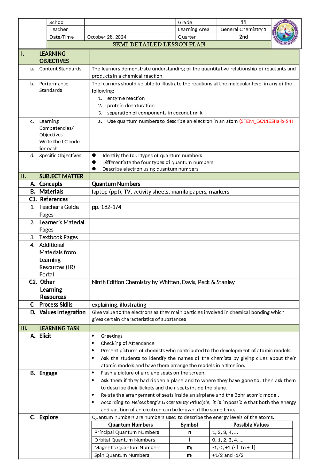Chemistry 1 2nd Quarter Lesson Plan: Quantum Numbers & Reactions - Studocu