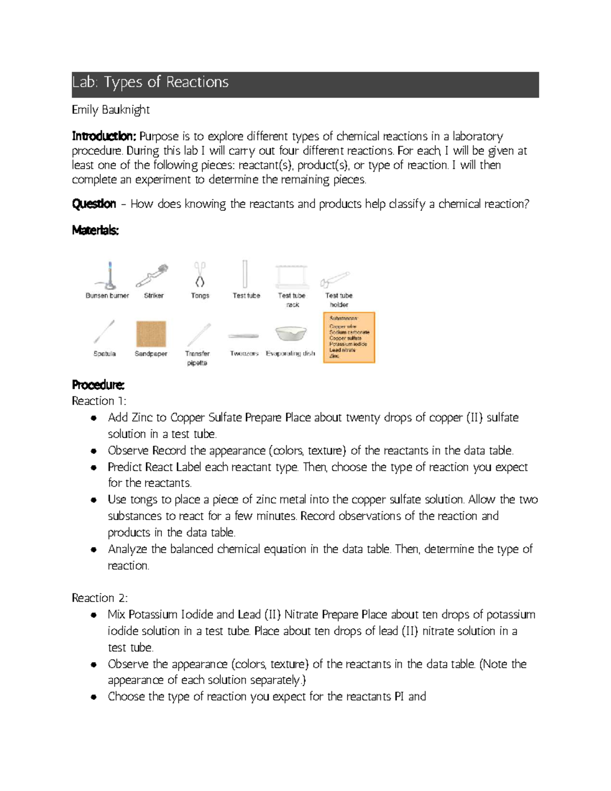 Lab Types of Reactions - n/a - Lab: Types of Reactions Emily Bauknight ...