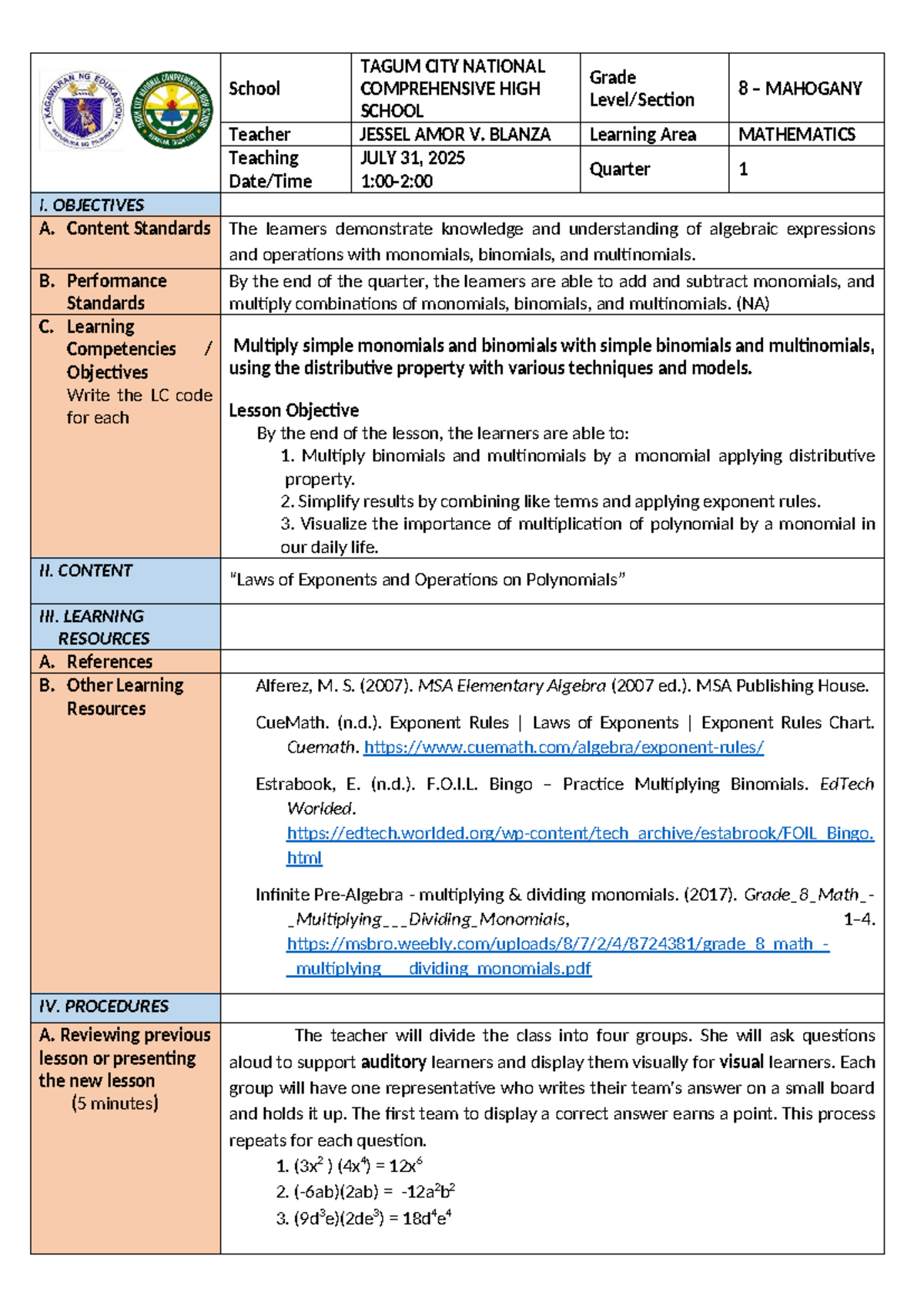Grade 8 Math Lesson Plan: Multiplication of Binomials & Multinomials ...