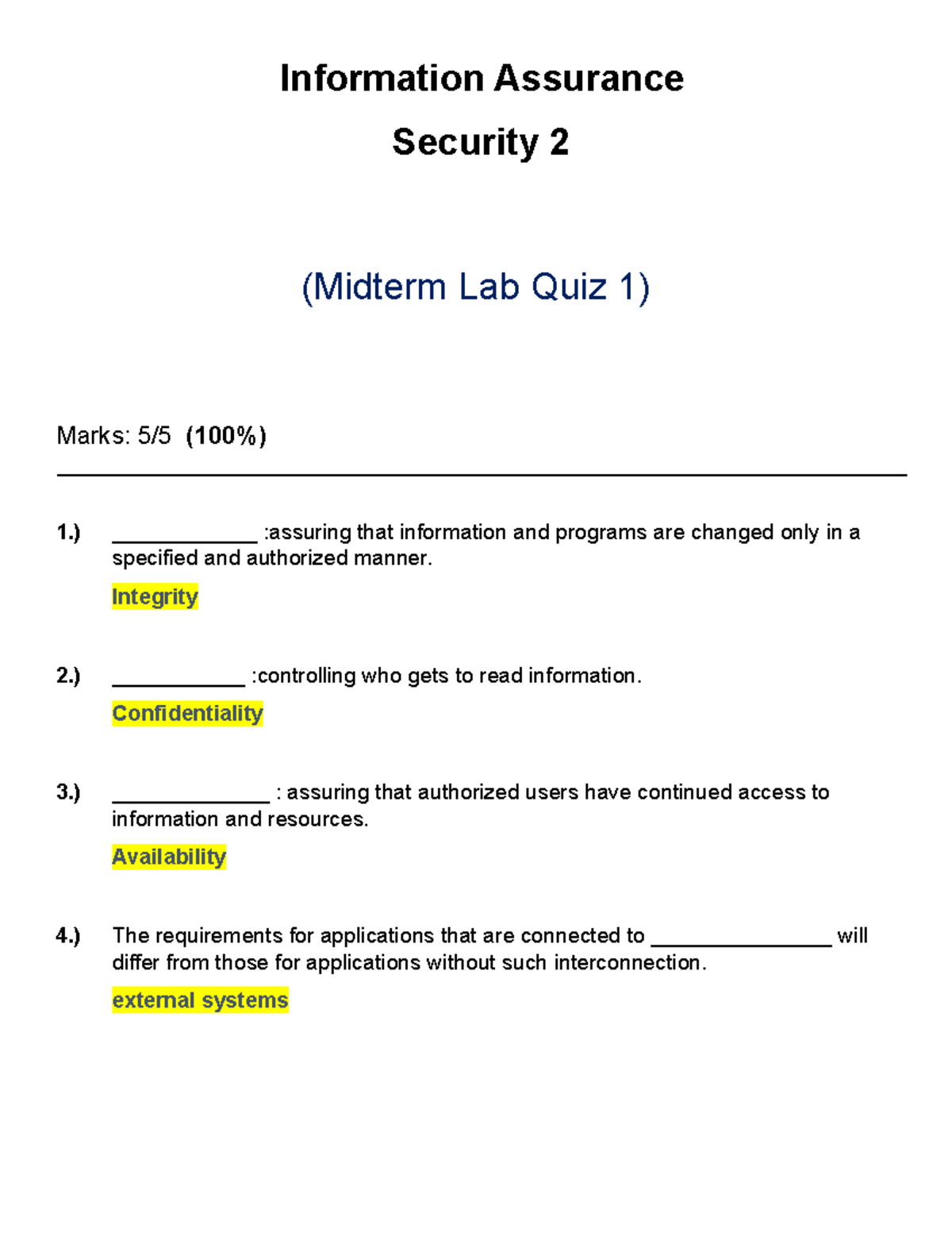 Information Assurance and Security 2 Midterm LAB QUIZ 1 - Information ...