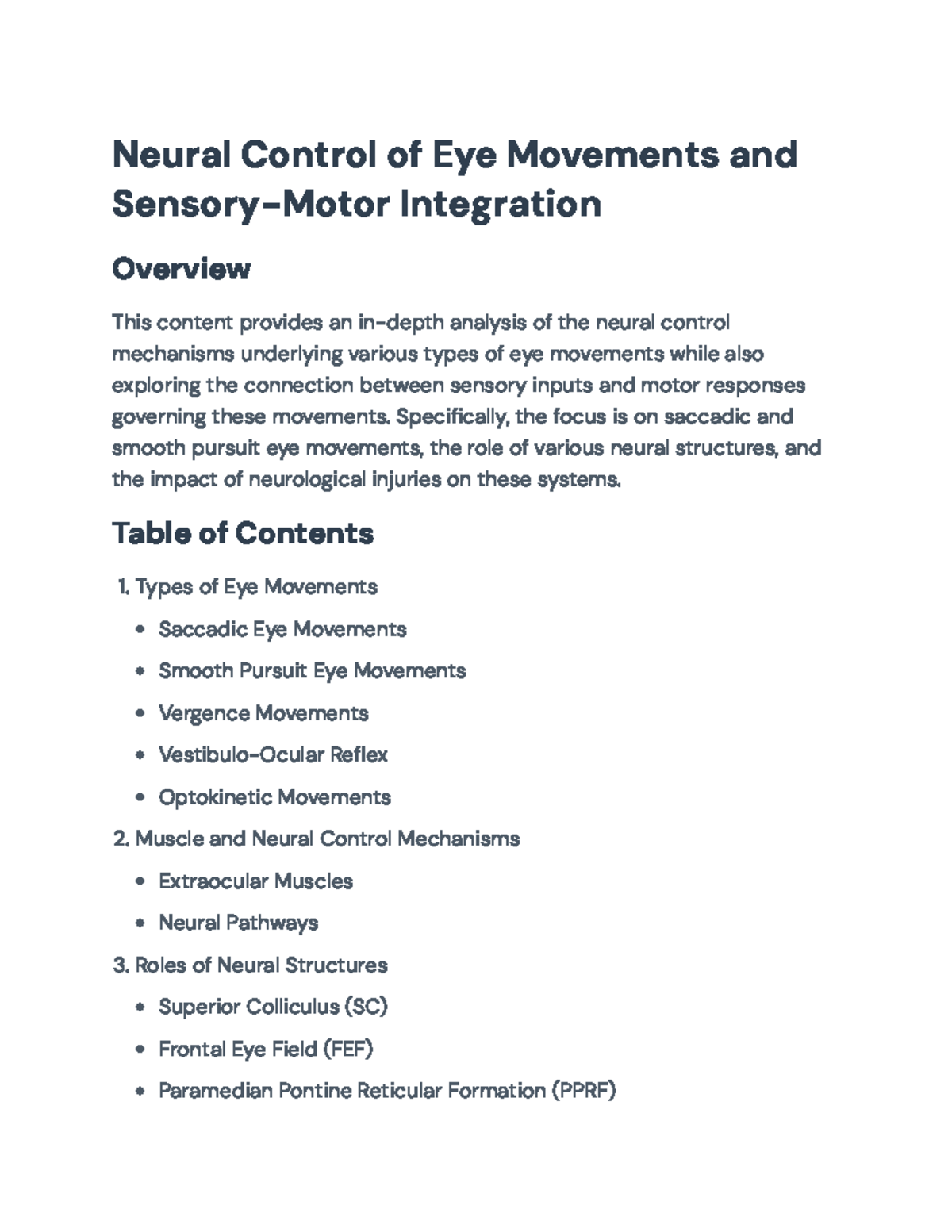 Neural Control of Eye Movements: Mechanisms & Integration Analysis ...