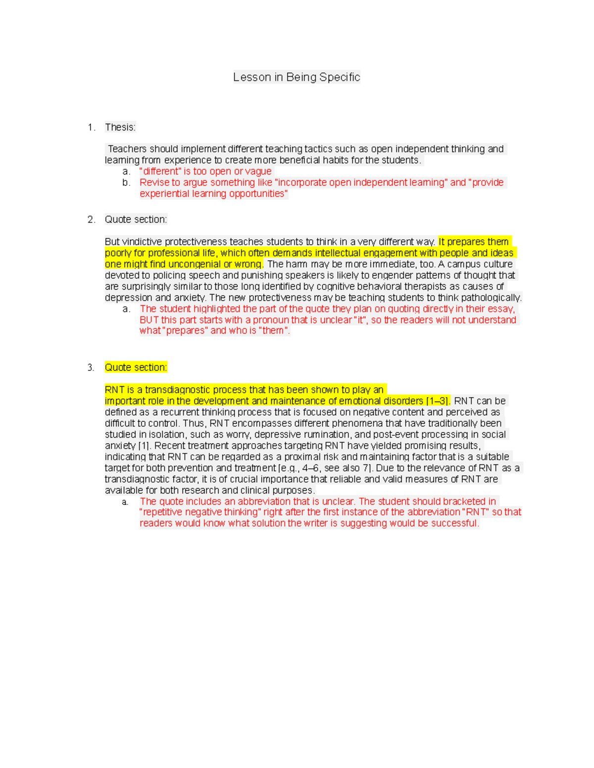 Lesson on Specificity: Thesis & Quote Analysis Example - Studocu