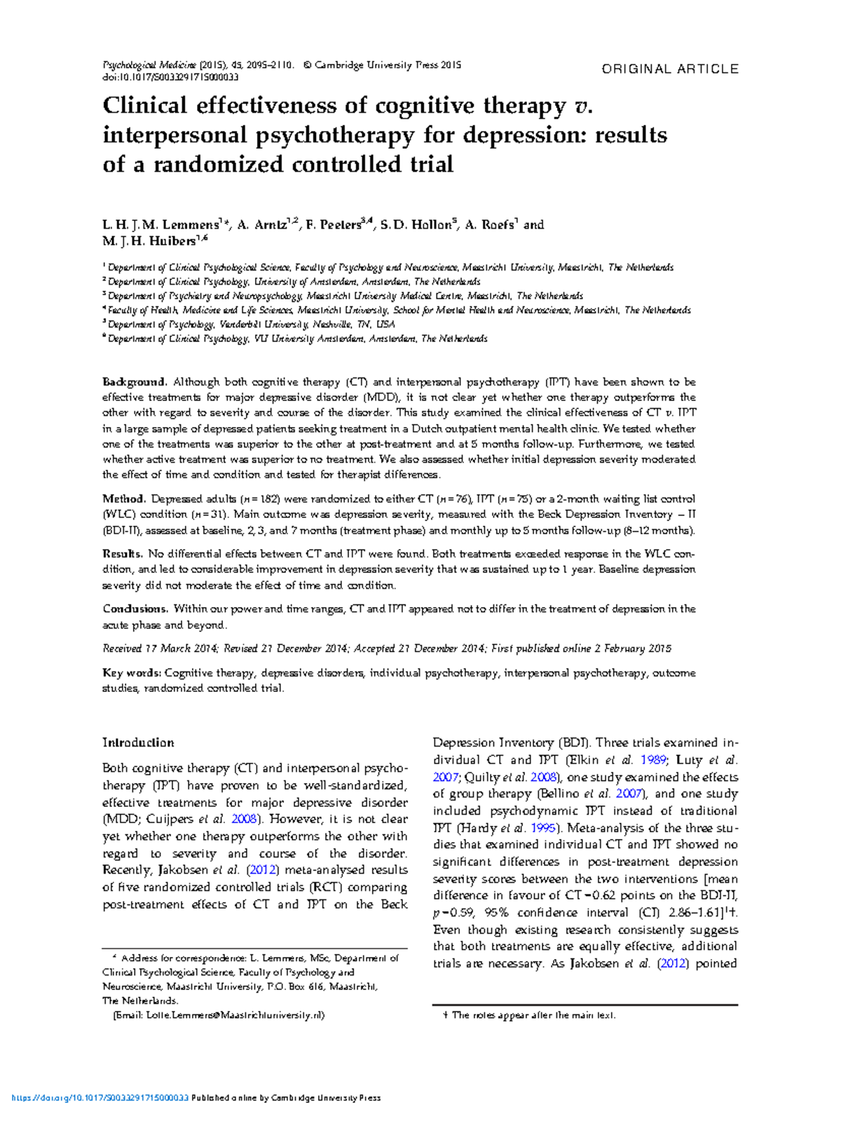 Clinical Effectiveness of CT vs. IPT for Depression: A RCT Study - Studocu