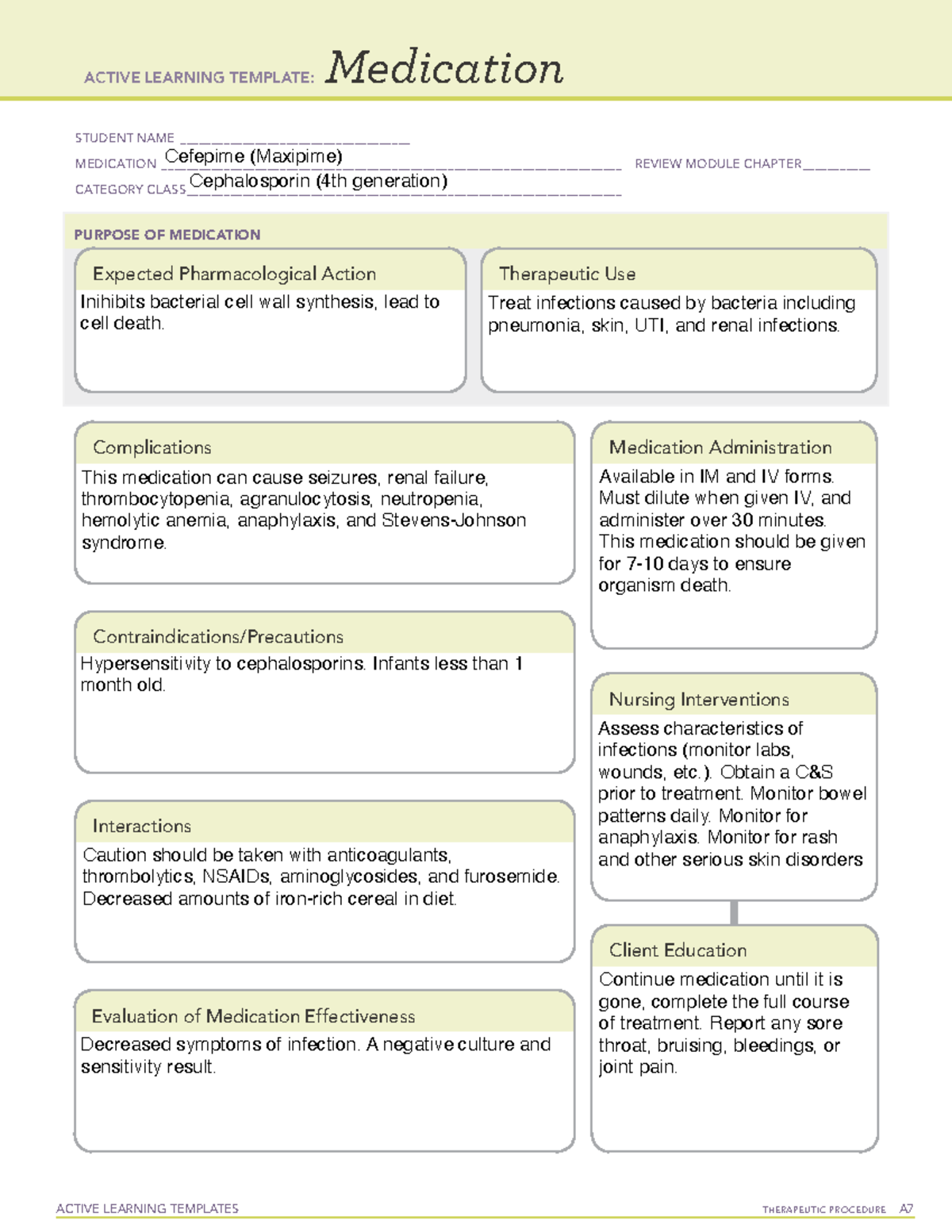 Cefepime (Maxipime) Medication Template Active Learning Guide - Studocu