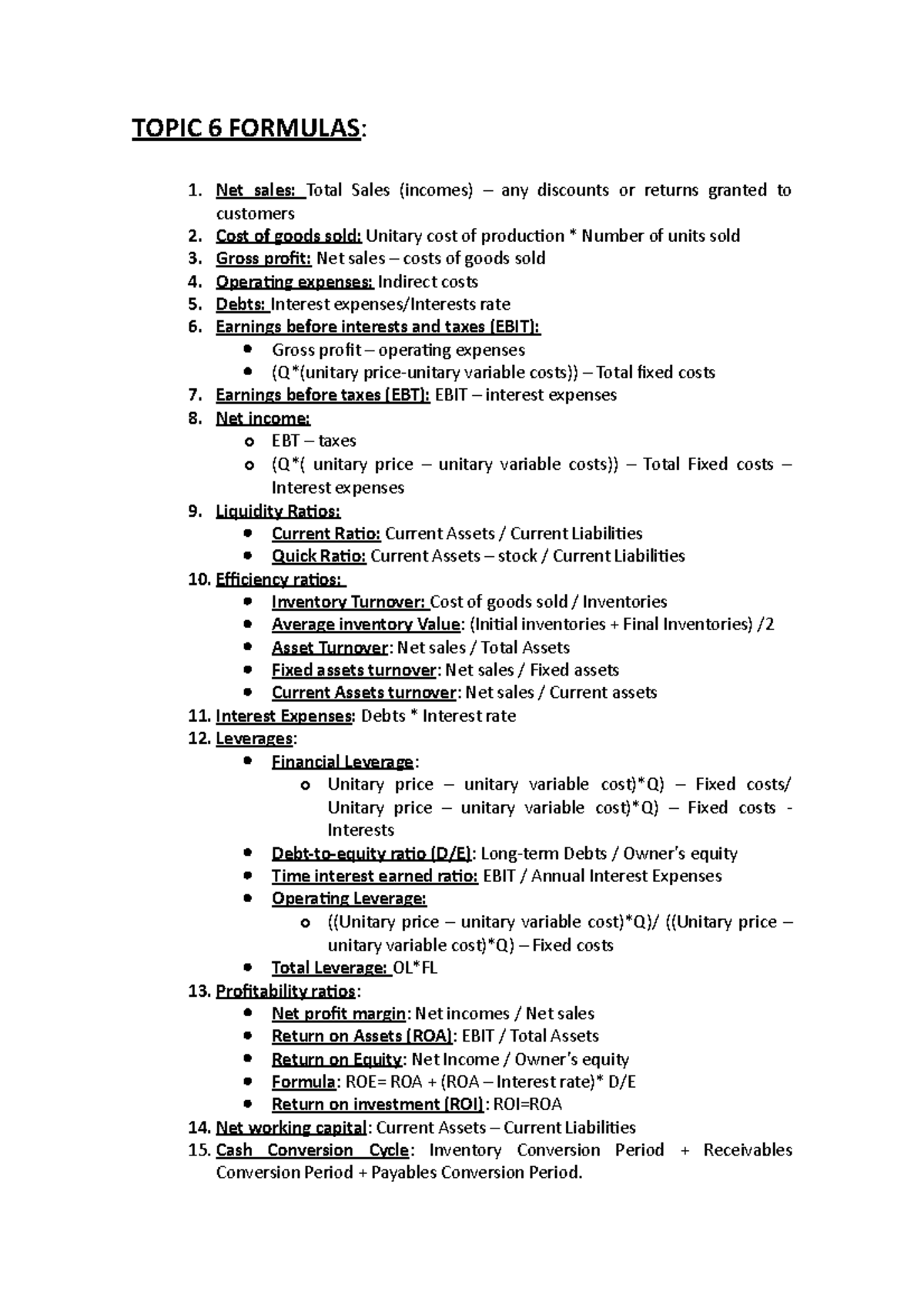 Topic 6 Formulas - TOPIC 6 FORMULAS: Net sales: Total Sales (incomes ...