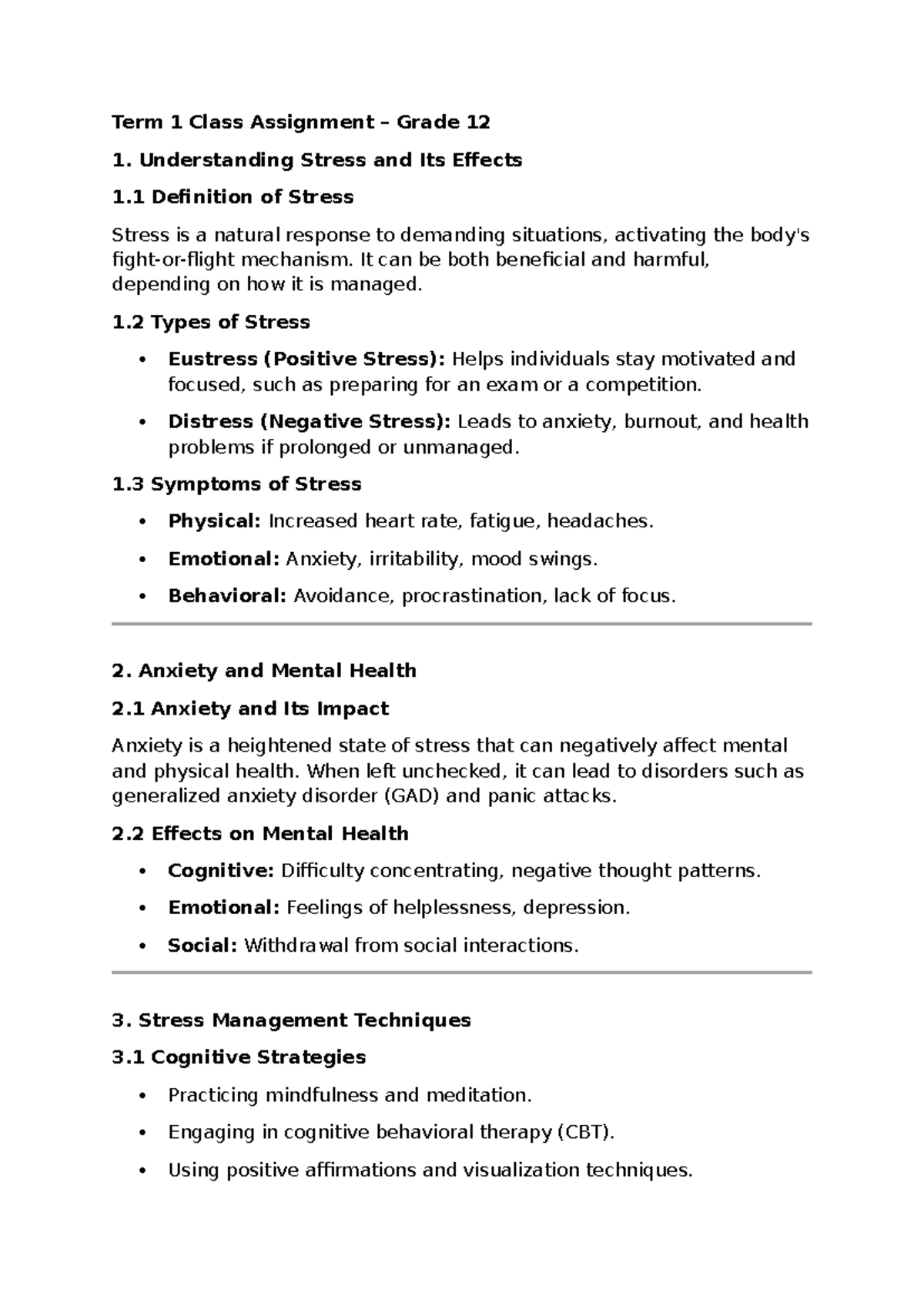 Lo assignment - notes - Term 1 Class Assignment – Grade 12 1 ...