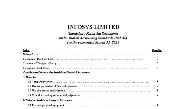 INFOSYS LIMITED Standalone Financial Statements (Ind AS) for FY 2025 ...
