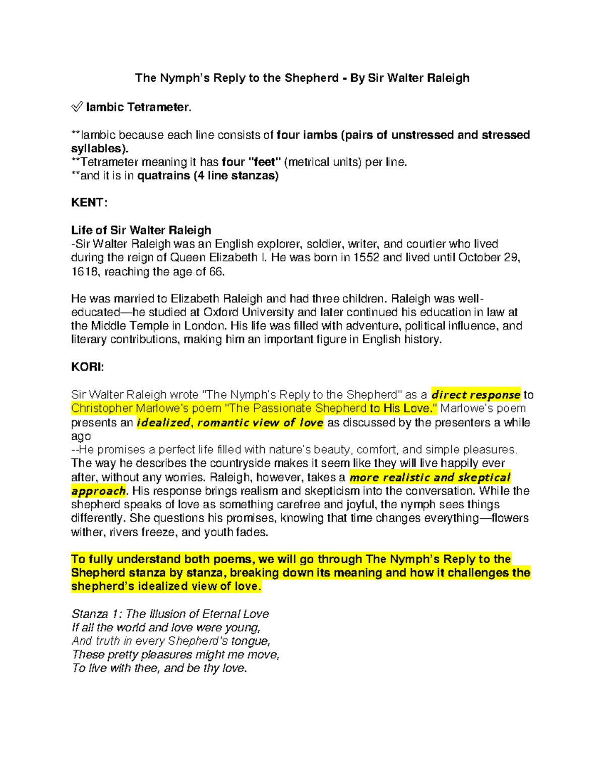 The Nymph’s Reply to the Shepherd: A Skeptical Analysis (ENG101) - Studocu