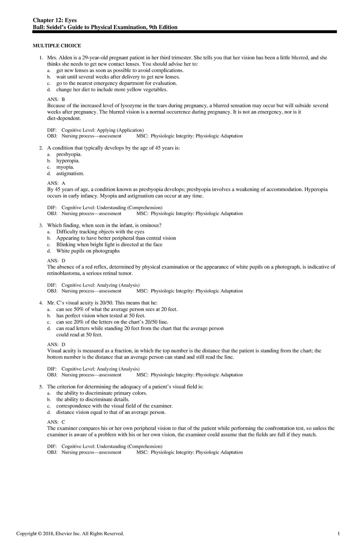 Seidel Guide To Physical Examination - Chapter 12 Eyes Practice Test ...