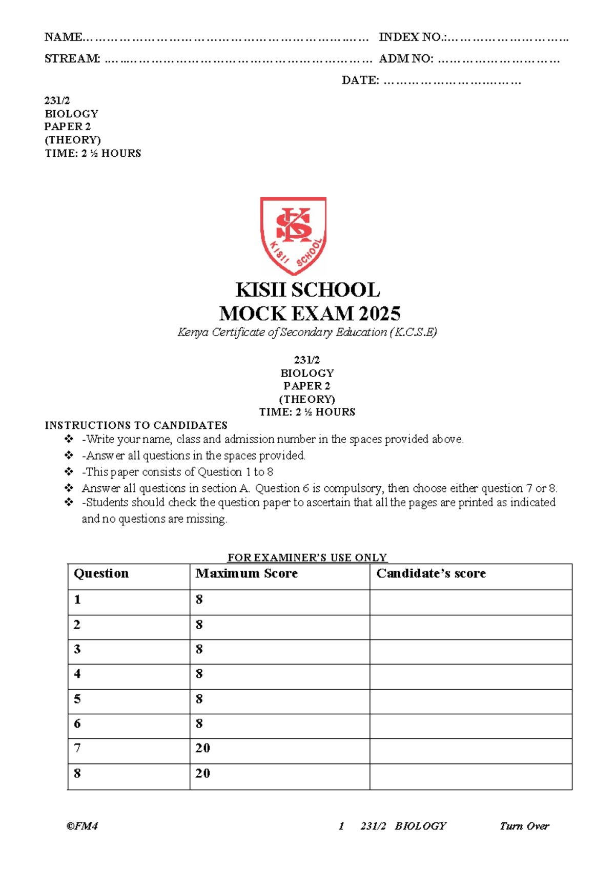 Biology F4 Mock Exam 2025: Paper 2 Theory Revision Notes - Studocu